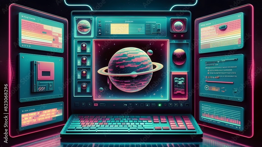 old computer aesthetics Steam style pc elements, user interface, UI, planet, dialogue window ...