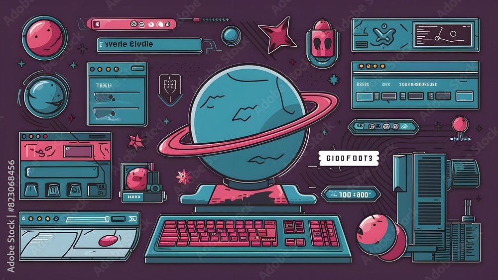 old computer aesthetics Steam style pc elements, user interface, UI, planet, dialogue window ...