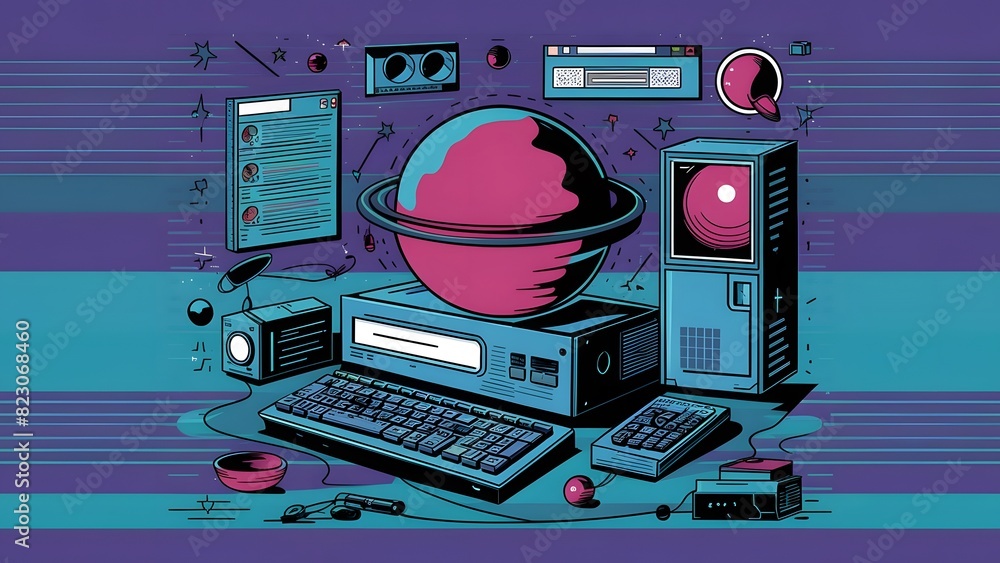 old computer aesthetics Steam style pc elements, user interface, UI, planet, dialogue window ...