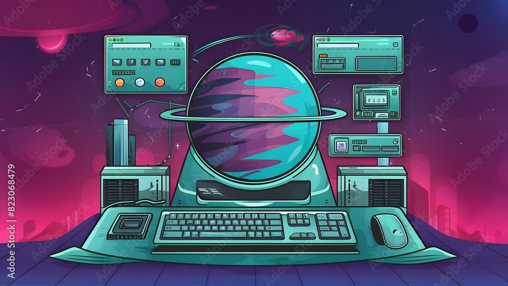 old computer aesthetics Steam style pc elements, user interface, UI, planet, dialogue window ...
