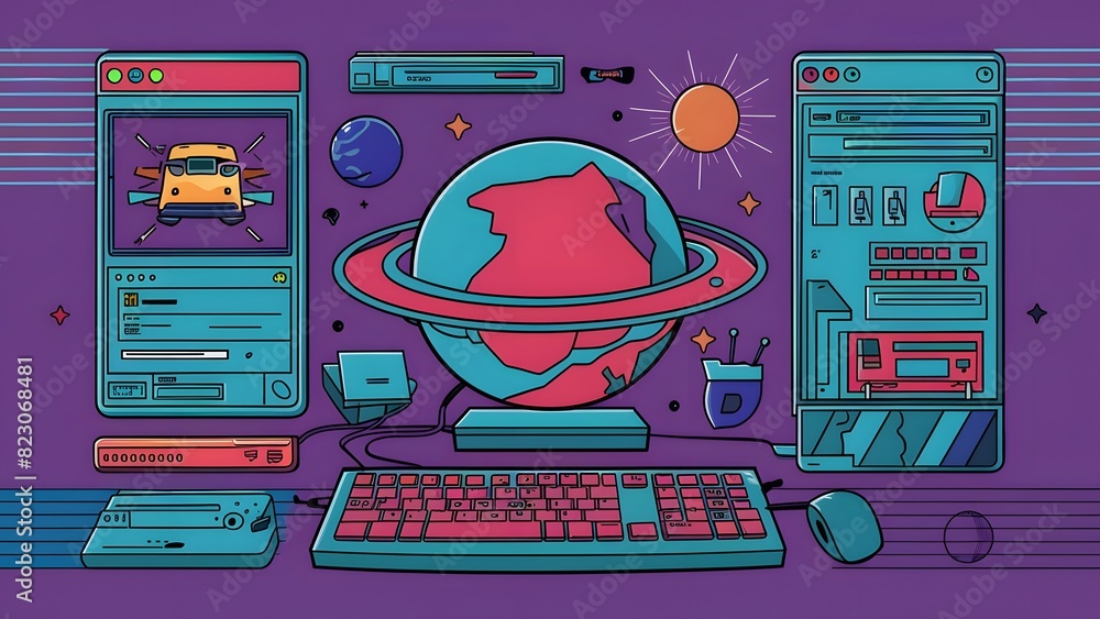 old computer aesthetics Steam style pc elements, user interface, UI, planet, dialogue window ...