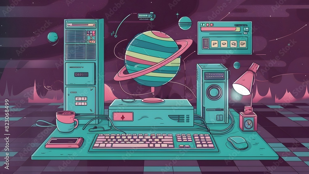 old computer aesthetics Steam style pc elements, user interface, UI, planet, dialogue window ...