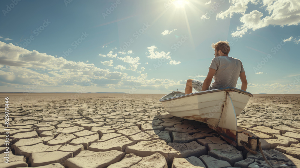 The concept of drought. A man is sitting in a small boat in the middle ...