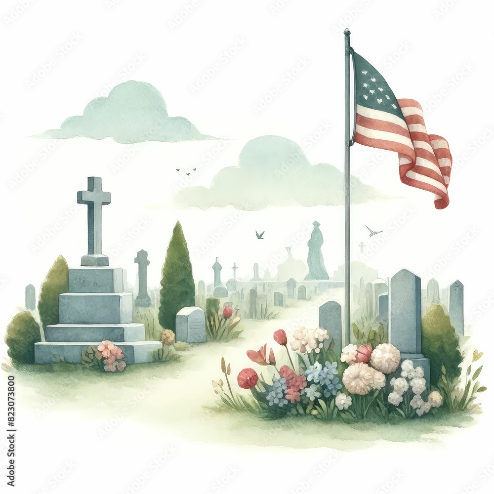 Veterans' memorials and cemeteries. watercolor illustration, Perfect ...