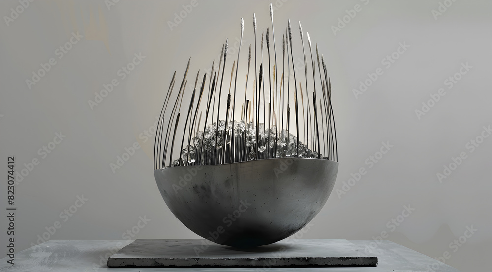 This is a stainless steel sculpture with an egg shaped base covered ...