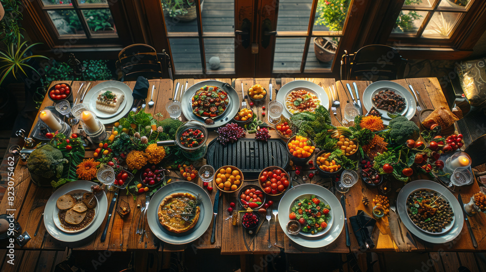a slightly angled top-down shot from a slight side view of a moody lit ...