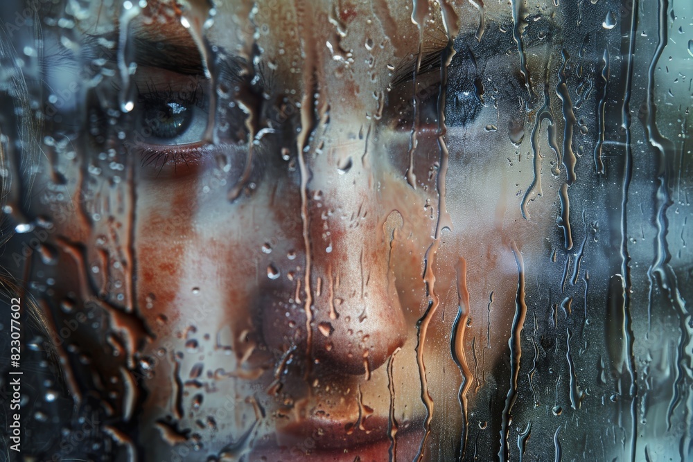 An artistically form of a delicate and depressed face of a young girl ...