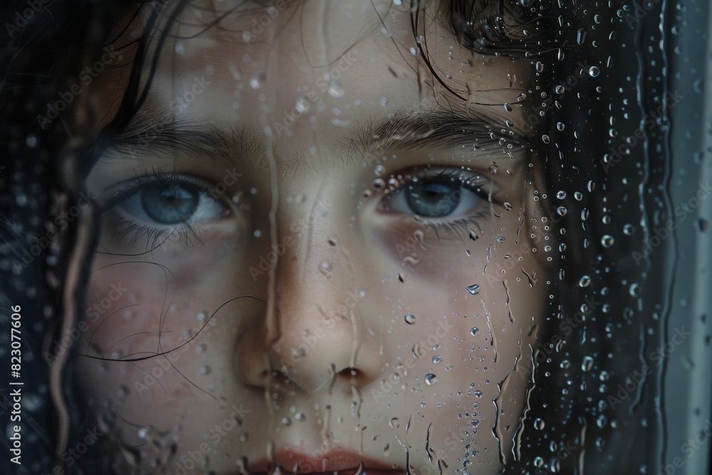 An artistically form of a delicate and depressed face of a young girl ...