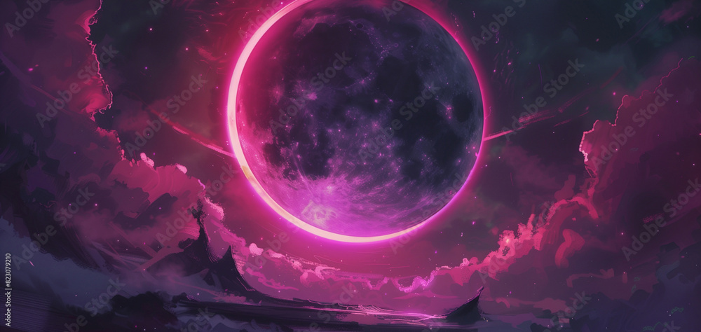 Witchy and cyberpunk style illustration of a solar eclipse moon with ...