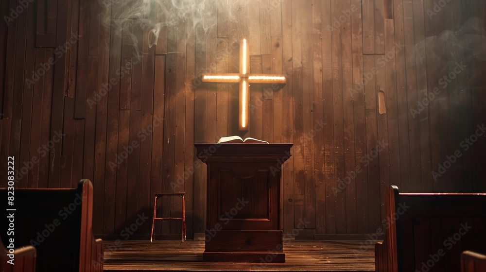 Wooden podium with an open Bible, prominent cross illuminated softly ...