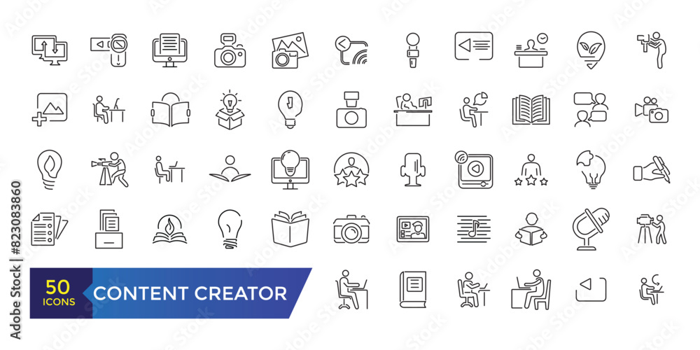 Content creator Icons set. Simple line art style icons pack. Editable ...