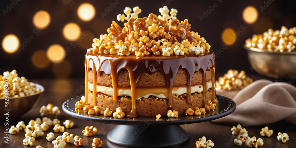 Symbols of birthday celebration:Salted caramel cake, caramel swirl, sea ...