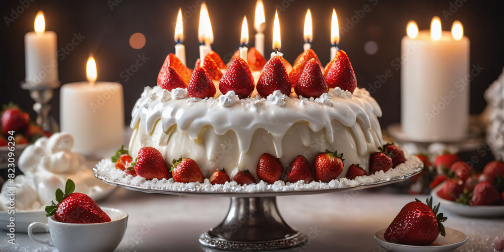 Symbols of birthday celebration:Angel food cake, meringue icing, glazed ...