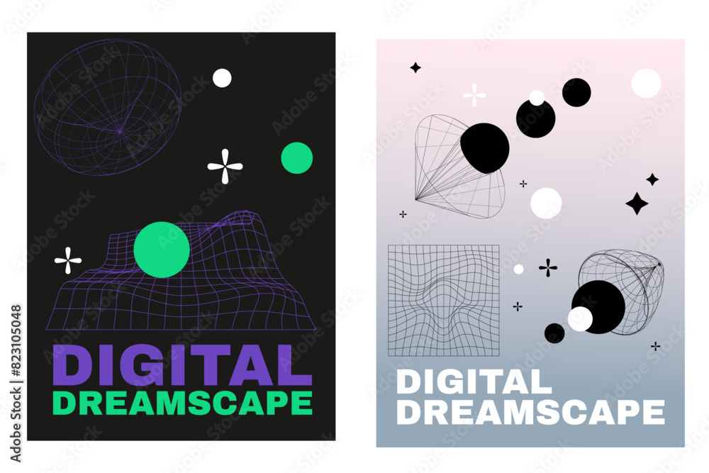 Retro futuristic vibe flyers set. Y2k techno vibe banners set ...