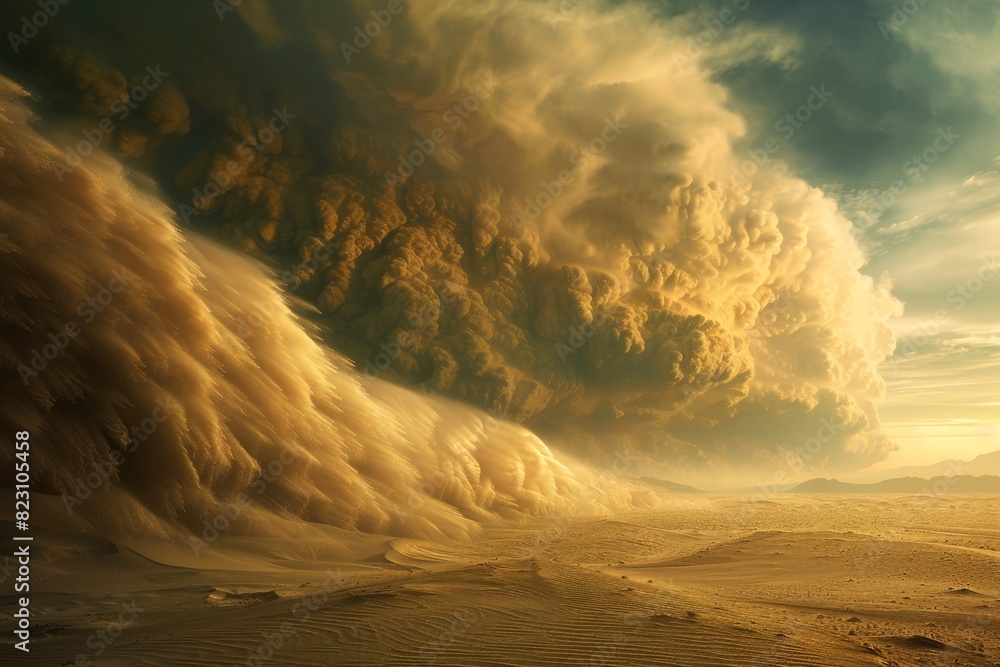A heavy sand and dust storm sweeping over desert land on a scorching ...