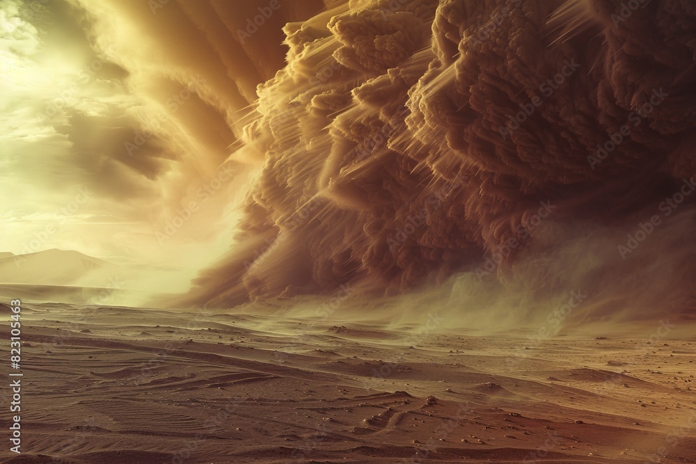 A heavy sand and dust storm sweeping over desert land on a scorching ...