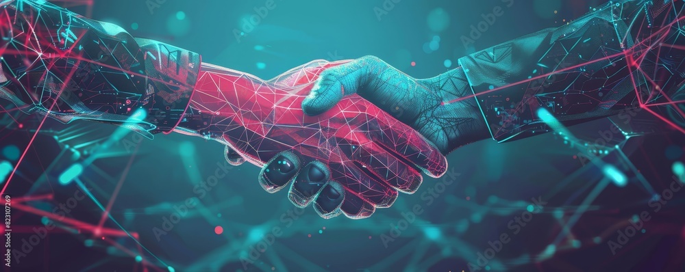 A modern illustration showing a handshake in a digital futuristic style ...