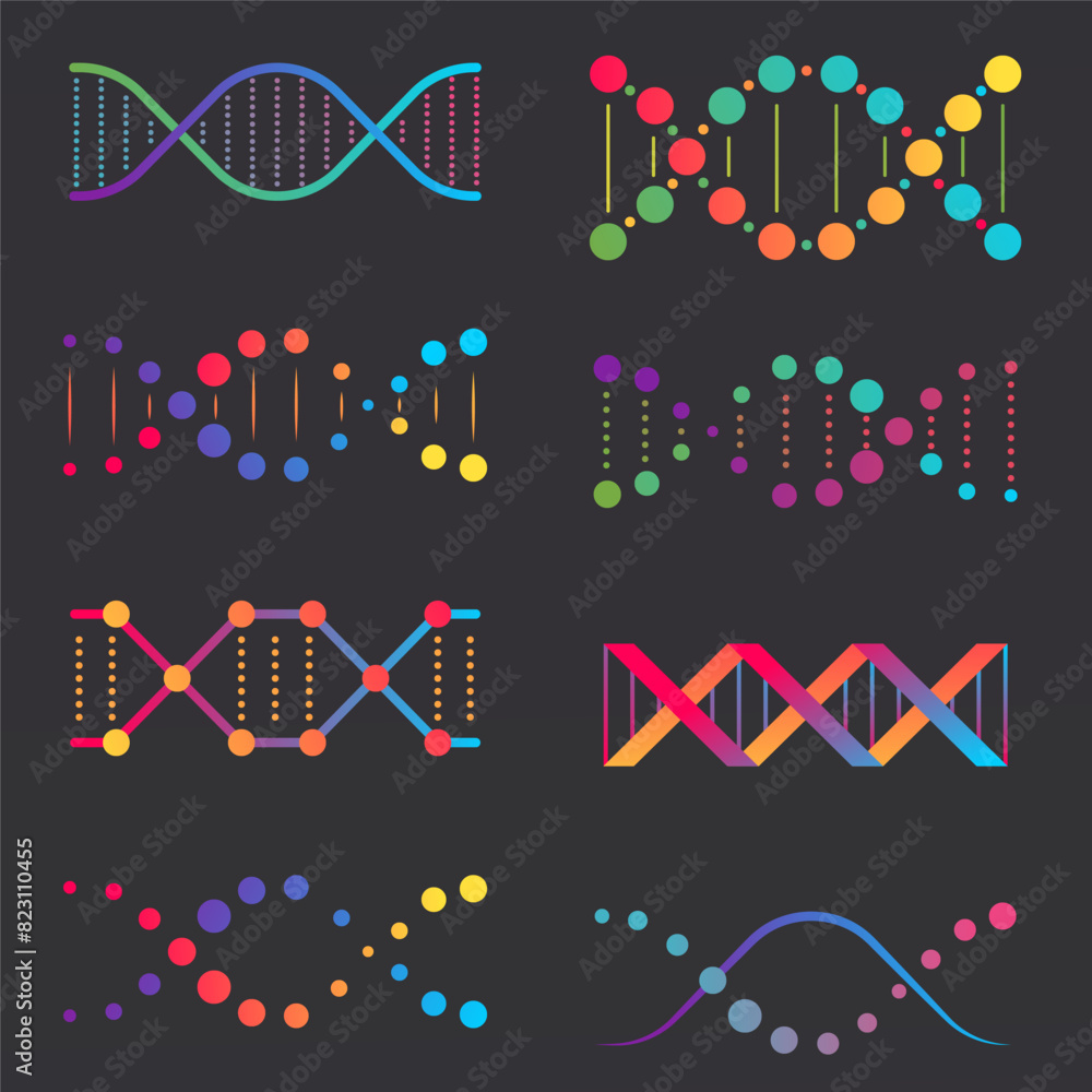 DNA icons set. DNA, genetic sign, elements and icons collection. Spiral ...