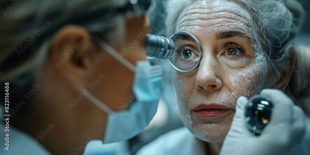 Foto de A dermatologist examining a patient’s skin under a magnifying ...