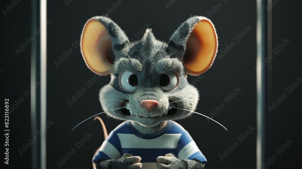 An angry cartoon mouse is rendered as a mugshot in 3D. Stock ...