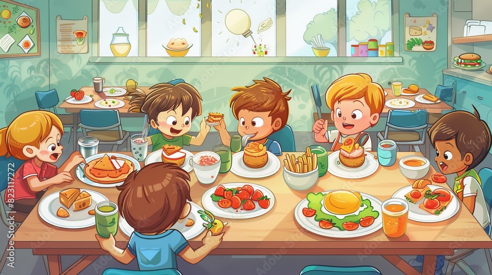 Kids eating breakfast at school clip art. Modern illustration with ...