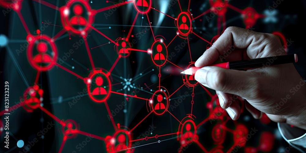 Businessman drawing social network graph with people icons on screen ...