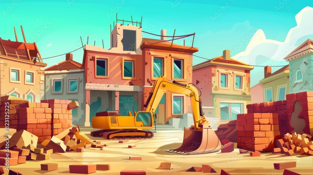Unfinished house and excavator on construction site. Cartoon ...