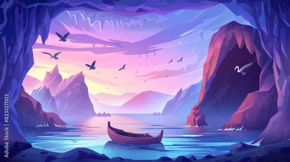 Seaview cave landscape with a wooden boat floating on water surface ...