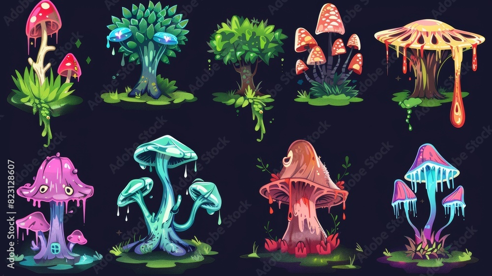 Creepy fantasia plants, trees filled with slime, mushrooms, a flower ...