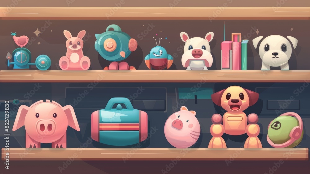 This cartoon landing page shows funny toys for kids on a wooden shelf ...