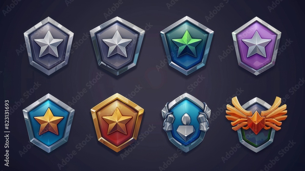 Illustration of silver metal pentagonal insignia medals with stars ...