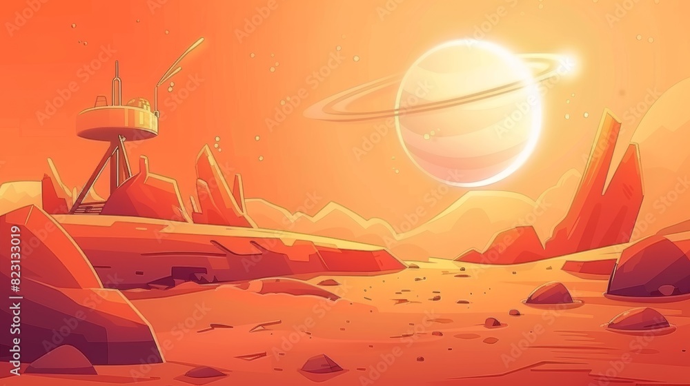 Cartoon illustration of flying platform on martian desert with fantasy ...