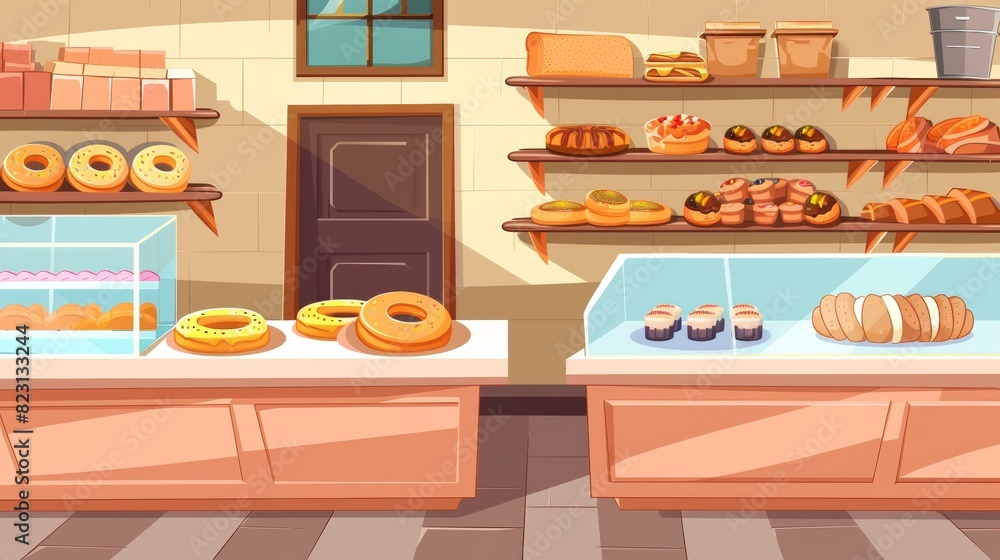 The interior of a bakery shop with a display of cakes, donuts and bread ...