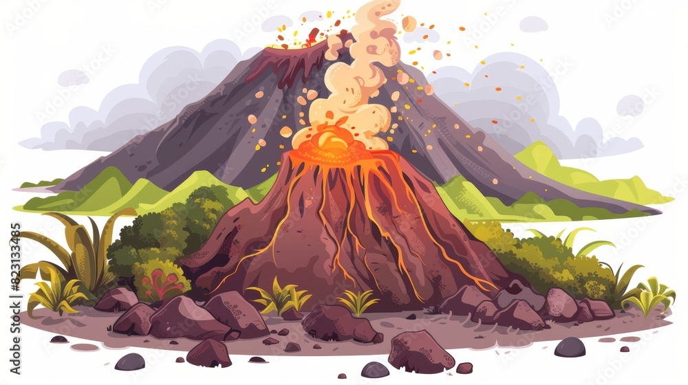 Set of animated volcano eruption cartoons featuring active volcanic ...