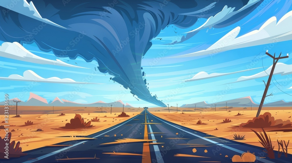 On an autumn road modern landscape, a tornado storm cyclone is creating ...