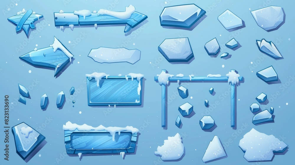UI elements in blue with snow and icicles. Cartoon modern illustration ...