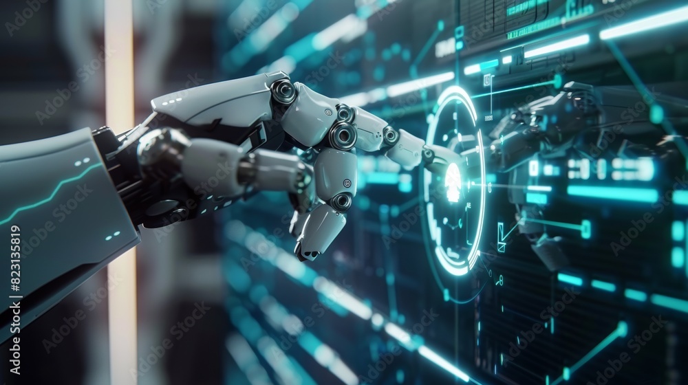 The AI cyborg hand touches the holographic interface with his index finger while the robotic arm ...