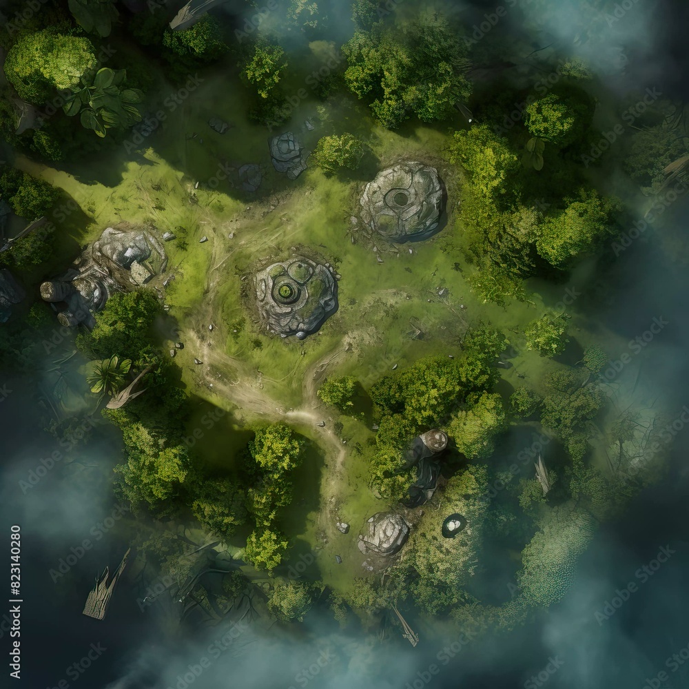 DnD Battlemap A dense mist obscures the view of a forest. Stock ...
