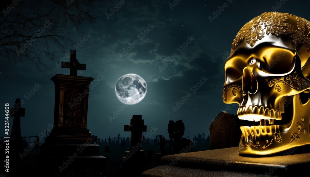 A haunting image of a golden, ornately decorated skull in a cemetery at ...
