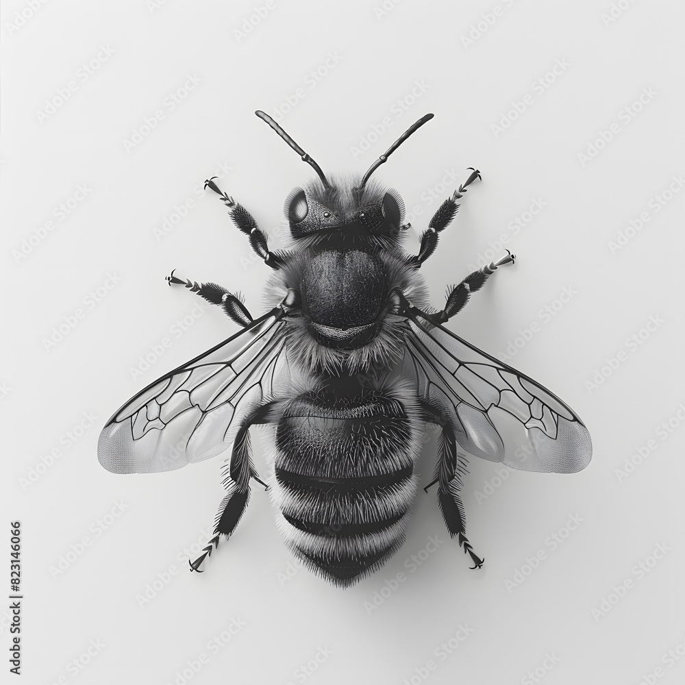 Honey bee top view black and white hand drawn illustration isolated on ...