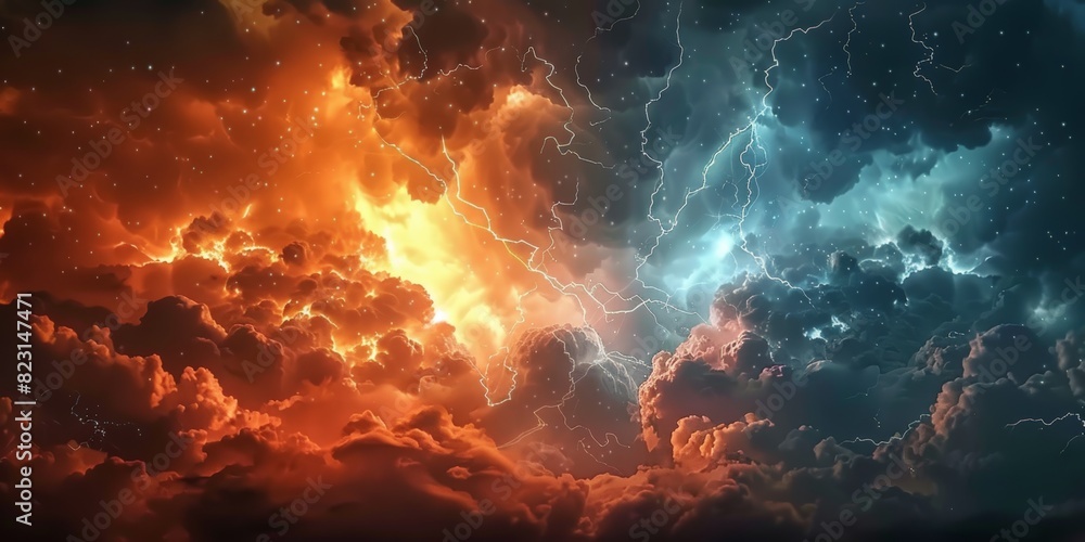 dark clouds sky with lightning and thunder, colorful orange blue ...