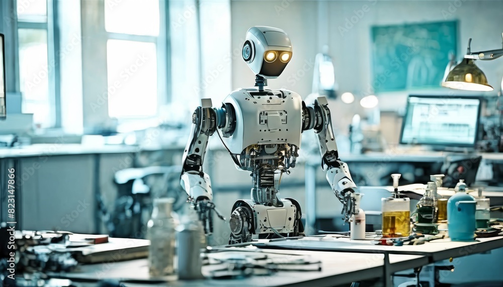 A robotic researcher with a humanoid design and illuminated eyes ...