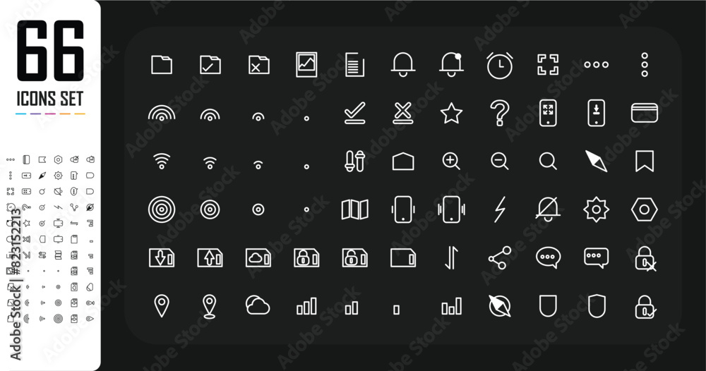 66 Essential Icons Set in light Style. The set consists of essential ...