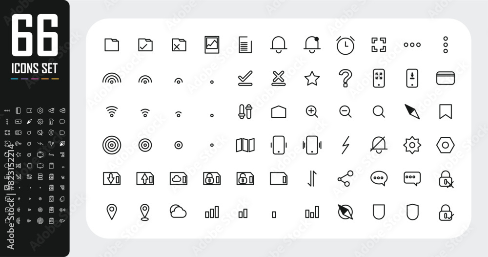 66 Essential Icons Set in dark Style. The set consists of essential and ...