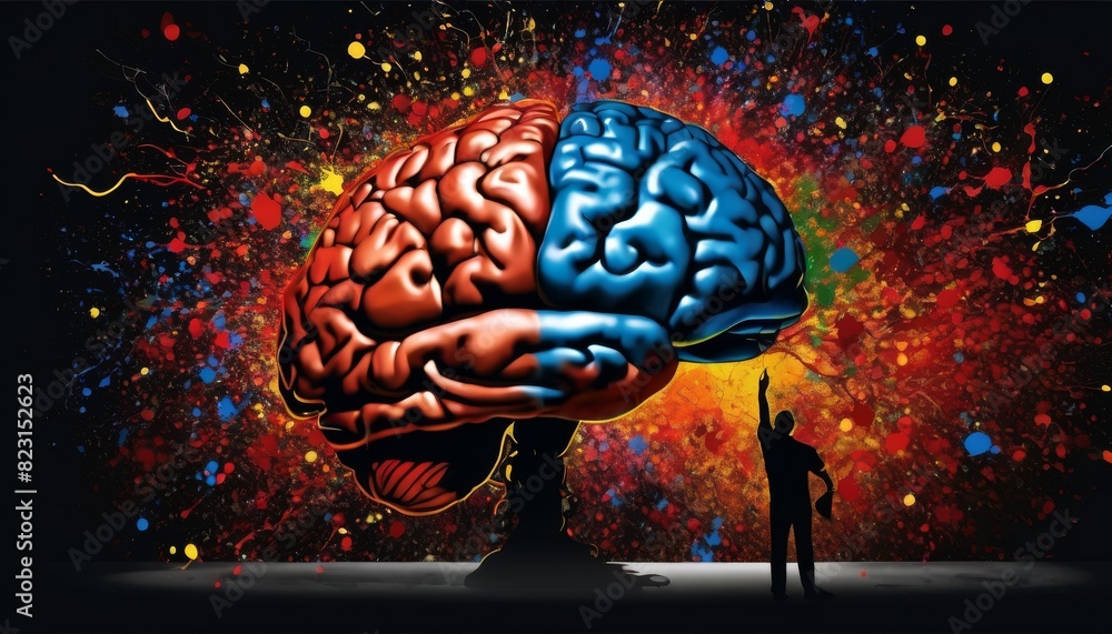 Artistic illustration of a human brain divided by colors, with a ...