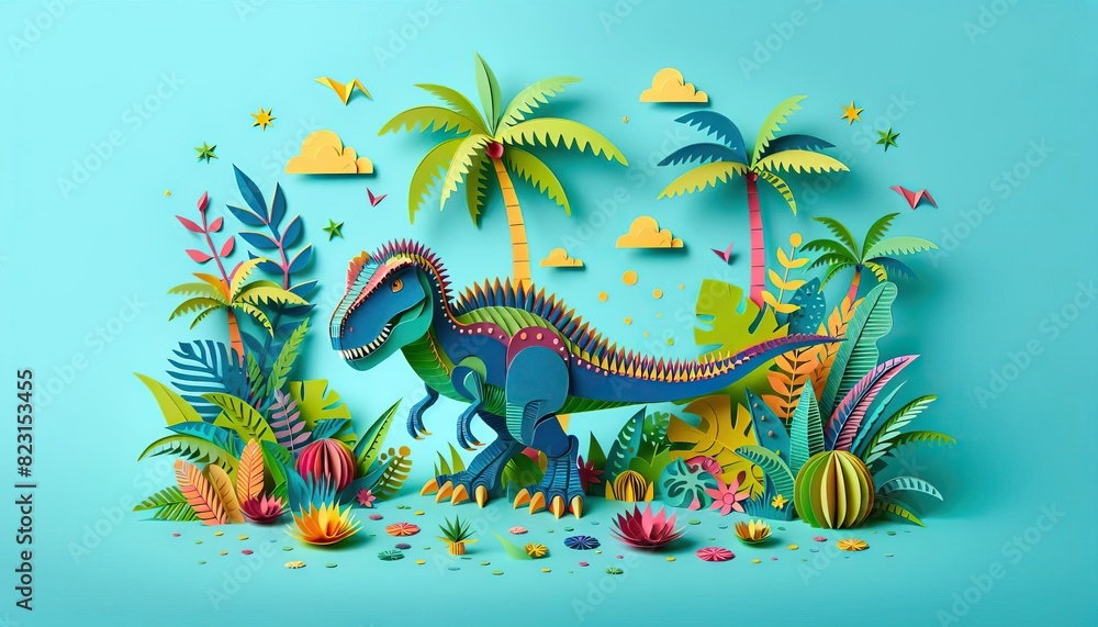 Papercraft dinosaur scene with T-Rex, rainbows, planets, and tropical ...