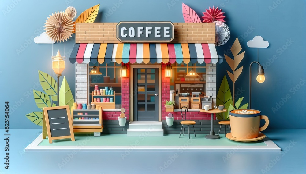 3D Rendered Papercraft Coffee Shop with Striped Awning, Outdoor Seating ...