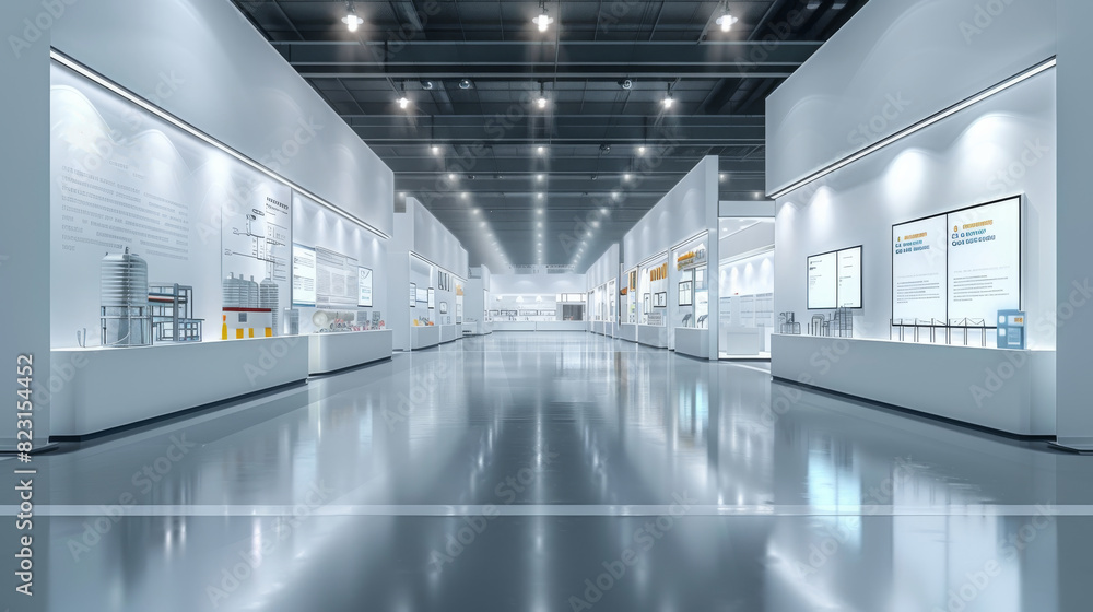 A row of booths in front of an exhibition wall composed of screens and ...