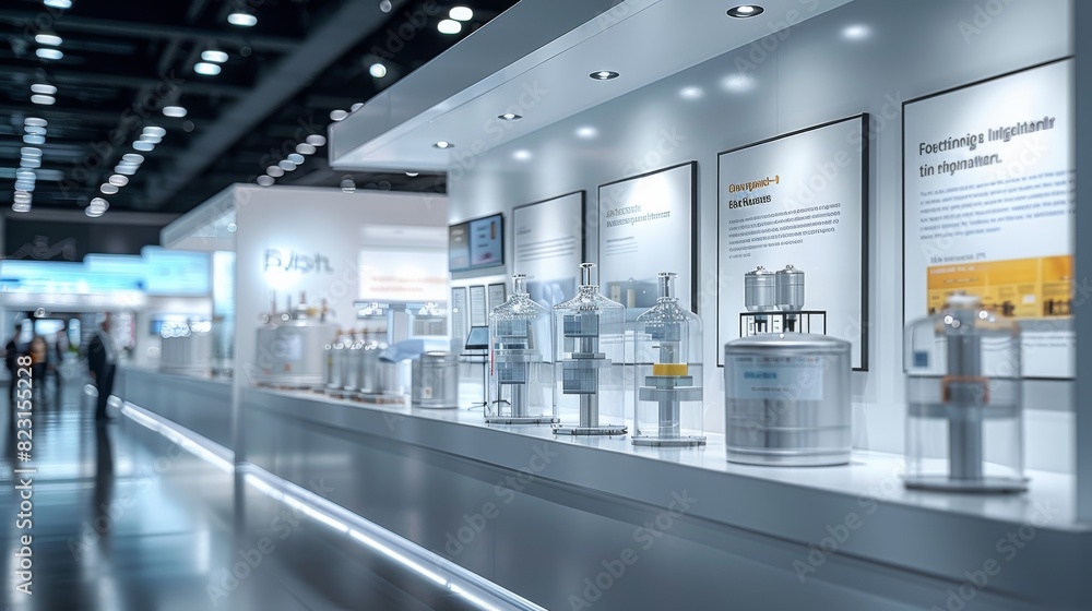 A row of booths in front of an exhibition wall composed of screens and ...