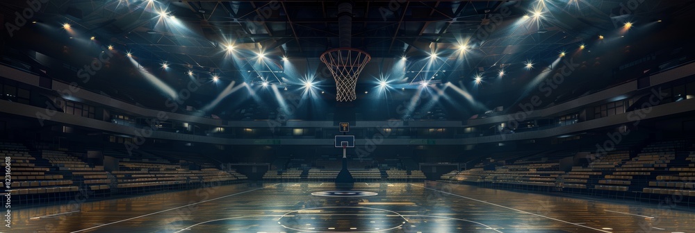 Basketball arena with dramatic lighting, free throw line in front of ...